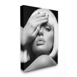 stupell industries diamond lips fashion model black and white portrait canvas wall art, 24 x 30, multi-color