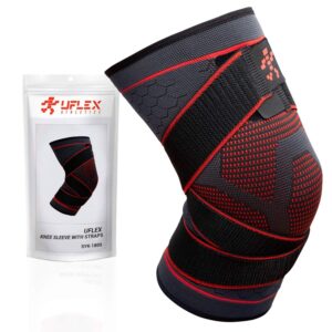 uflex athletics knee compression brace for men and women - non slip sleeve with straps for pain relief, meniscus tear, sports safety in basketball, tennis - single wrap, large