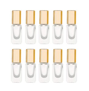 furnido 3ml square glass roller bottle for essential oils,mini glass bottles with stainless steel roller balls,gold aluminum caps portable roll-on vial aromatherapy perfume container-10 pack