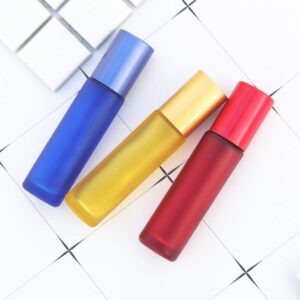 8Pcs 10ml(1/3oz) High-grade Colorful Frosted Roll on Bottles Thick Glass Massage Roller Bottles Tube Vials Containers for Essential Oils, Aromatherapy, Perfumes and Lip Balms+ 1pc 3ml Dropper