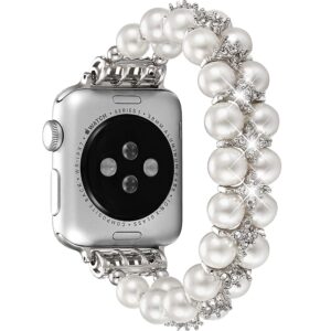 fastgo compatible with apple watch band pearl series 9 8 41mm, women fancy handpicked beaded elastic bracelet, jewelry stretch pearl strap for iwatch se series 8/7/6/5/4/3/2/1(pure white, 38/40/41mm)