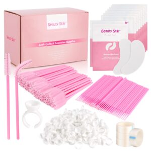 4x100 lash tech stuff supplies kit, beauty star eyelash extension supply essentials, 100 pairs under eye gel pads, 100 mascara wands, 100 micro applicators brush, 100 glue ring holder, 4 lashing tape