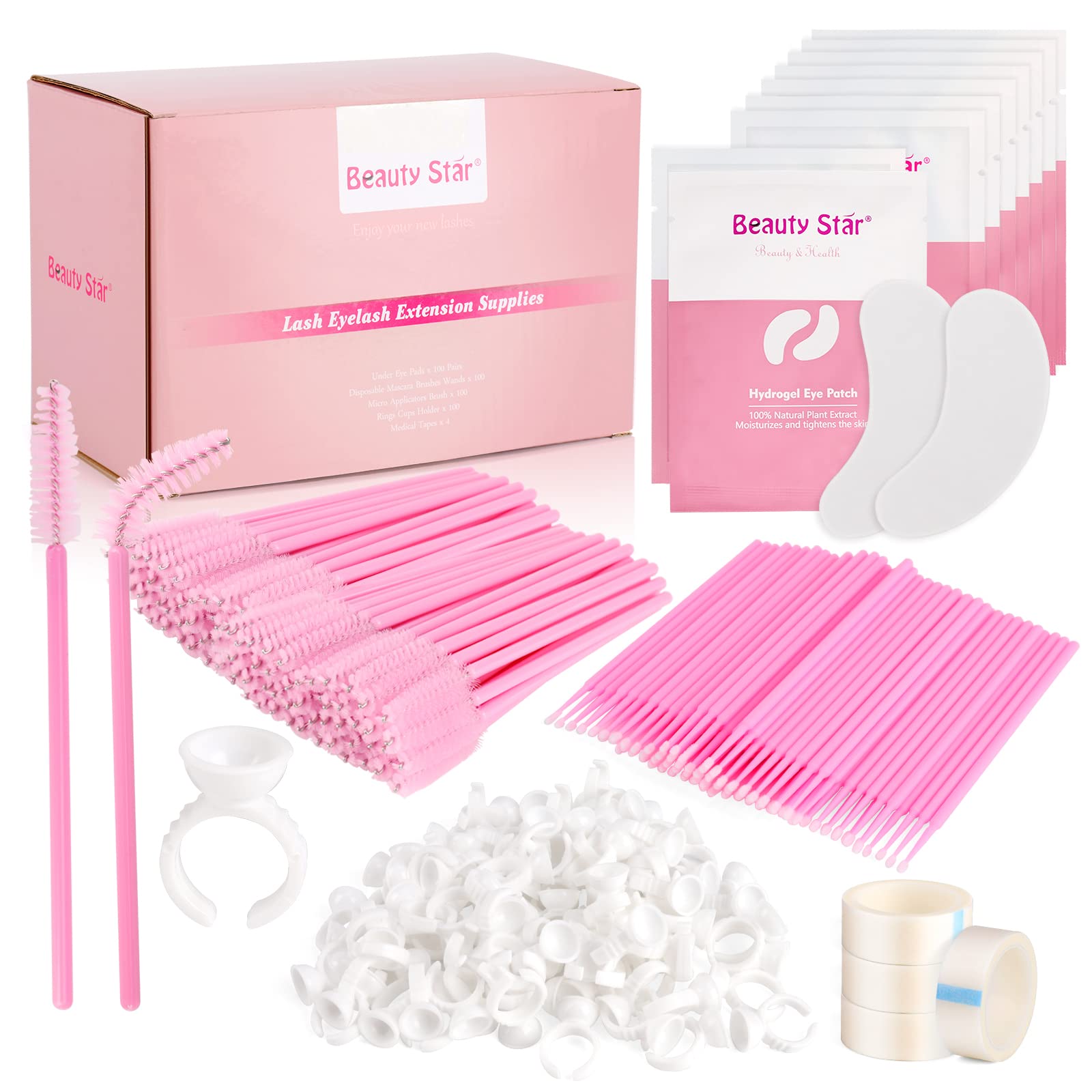 4x100 Lash Tech Stuff Supplies Kit, Beauty Star Eyelash Extension Supply Essentials, 100 Pairs Under Eye Gel Pads, 100 Mascara wands, 100 Micro Applicators Brush, 100 Glue Ring Holder, 4 Lashing Tape