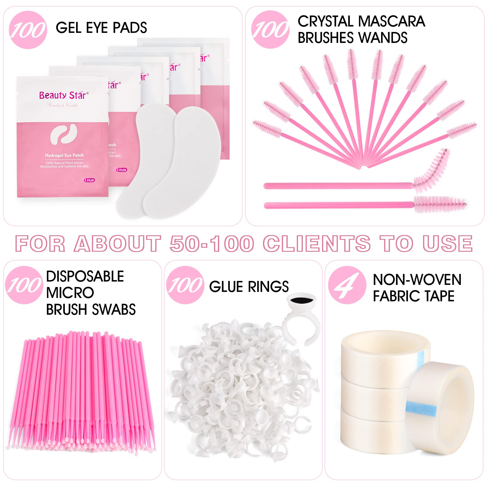 4x100 Lash Tech Stuff Supplies Kit, Beauty Star Eyelash Extension Supply Essentials, 100 Pairs Under Eye Gel Pads, 100 Mascara wands, 100 Micro Applicators Brush, 100 Glue Ring Holder, 4 Lashing Tape