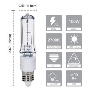 4-Pack JDE11 120V 100W Dimmable Halogen Bulb T4 Mini Candelabra Base Warm White for Chandeliers, Ceiling Fan, Table Lamps, Cabinet Lighting