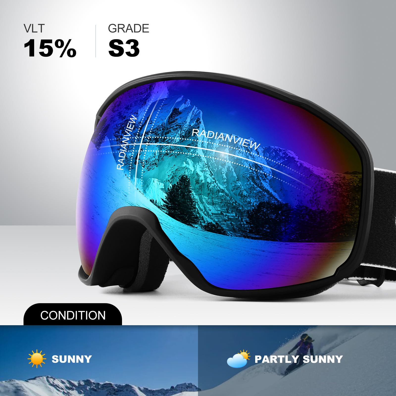 Odoland Snow Ski Goggles S3 Double Lens Anti-Fog OTG Windproof UV400 Eyewear for Men, Women and Youth-Skiing Snowboarding, Black Frame Blue Lens vlt 15%