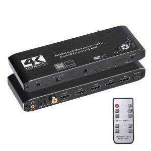 hdmi switch 4x1 with optical spdif/coaxial/ 3.5mm l/r audio extractor, 4 in 1 out 4k@60hz hdmi switcher support hdmi 2.0b hdcp 2.2, arc function for xbox, ps4,blu-ray player (with remote control)