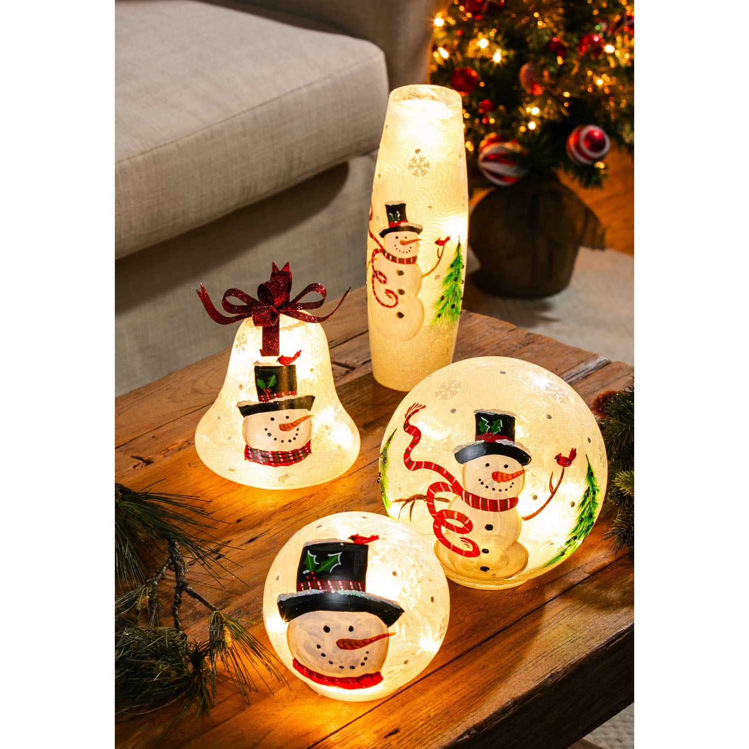 Cypress Home Beautiful Snowman and Cardinal Hand Painted Glass LED Globe Table Décor, Set of 2-7 x 7 x 7 Inches Indoor/Outdoor Decoration for Homes, Yards and Gardens