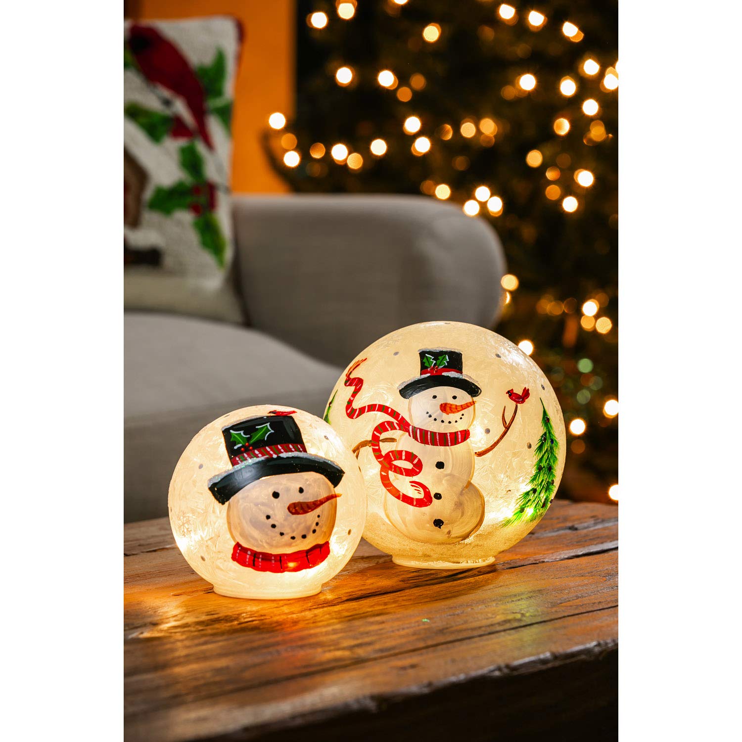 Cypress Home Beautiful Snowman and Cardinal Hand Painted Glass LED Globe Table Décor, Set of 2-7 x 7 x 7 Inches Indoor/Outdoor Decoration for Homes, Yards and Gardens