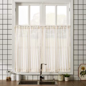 MRTREES Kitchen Curtains Striped Semi-Sheer Tier Curtains Farmhouse Pinstripes Linen Textured Short Cafe Curtain Panels for Bathroom Living Room RV Rustic (2 Panels, W30×L36, Ivory on White)