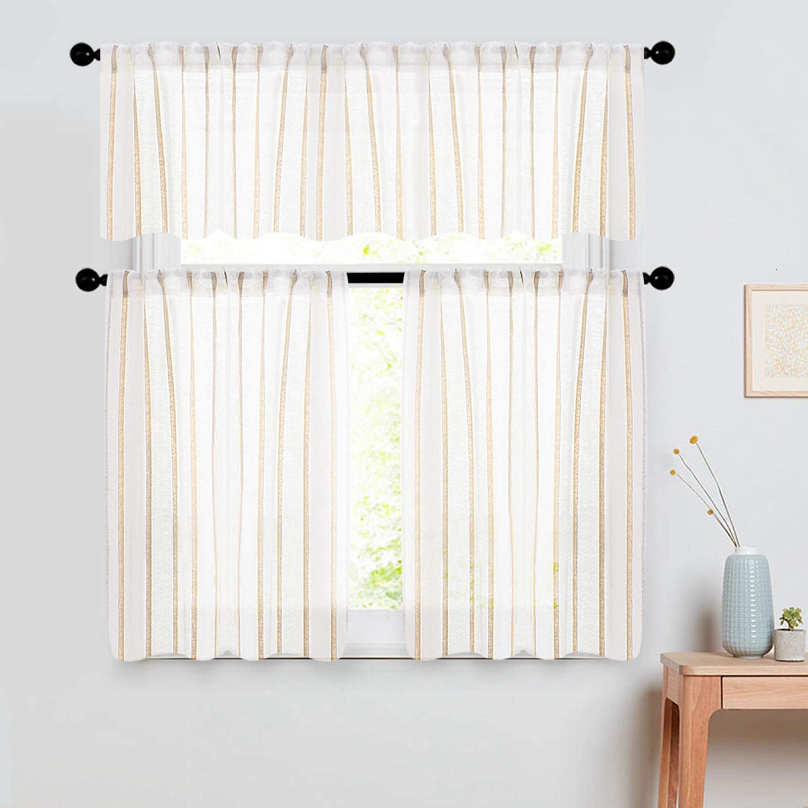 MRTREES Striped Sheer Valance Curtain 16 inches Long 1 Panel Living Room Pinstripes Linen Textured Valances Bedroom Window Sheer Panels Pole Pocket Kitchen Window Treatments - Ivory Stripe