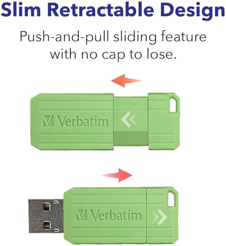 Verbatim 16GB Pinstripe USB 2.0 Flash Drive Retractable Thumb Drive with Microban Antimicrobial Product Protection- 5 Pack - Multicolor (Green, Blue, Red, Purple, Cyan)