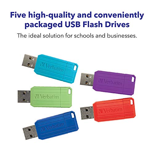 Verbatim 16GB Pinstripe USB 2.0 Flash Drive Retractable Thumb Drive with Microban Antimicrobial Product Protection- 5 Pack - Multicolor (Green, Blue, Red, Purple, Cyan)