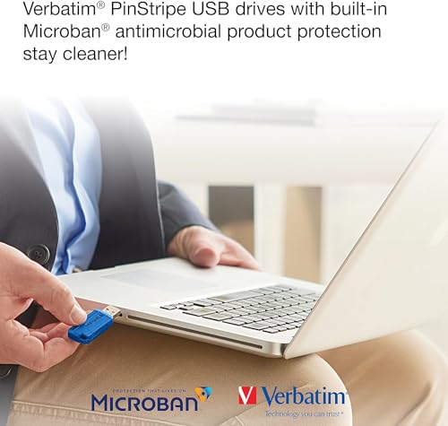 Verbatim 16GB Pinstripe USB 2.0 Flash Drive Retractable Thumb Drive with Microban Antimicrobial Product Protection- 5 Pack - Multicolor (Green, Blue, Red, Purple, Cyan)