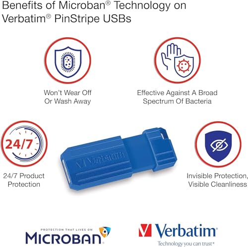 Verbatim 16GB Pinstripe USB 2.0 Flash Drive Retractable Thumb Drive with Microban Antimicrobial Product Protection- 5 Pack - Multicolor (Green, Blue, Red, Purple, Cyan)