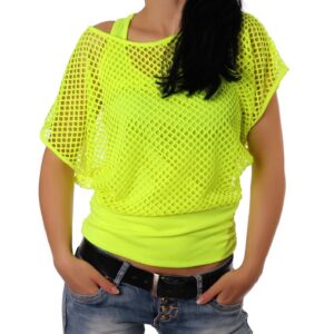 smile fish women casual sexy 80s costumes fishnet neon off shoulder t-shirt (neon-green us 10/tag size l)