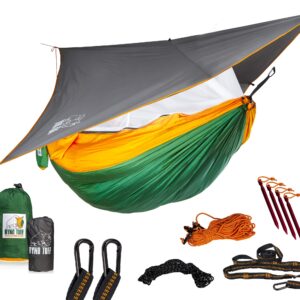 Ryno Tuff XL 2 Person Camping Hammock with Mosquito Net & Rain Fly - Compact Double Hammock with Bug Net, Tarp, Pocket, Tree Straps & Heavy Duty Carabiners - Parachute Grade Nylon Holds Over 600lbs