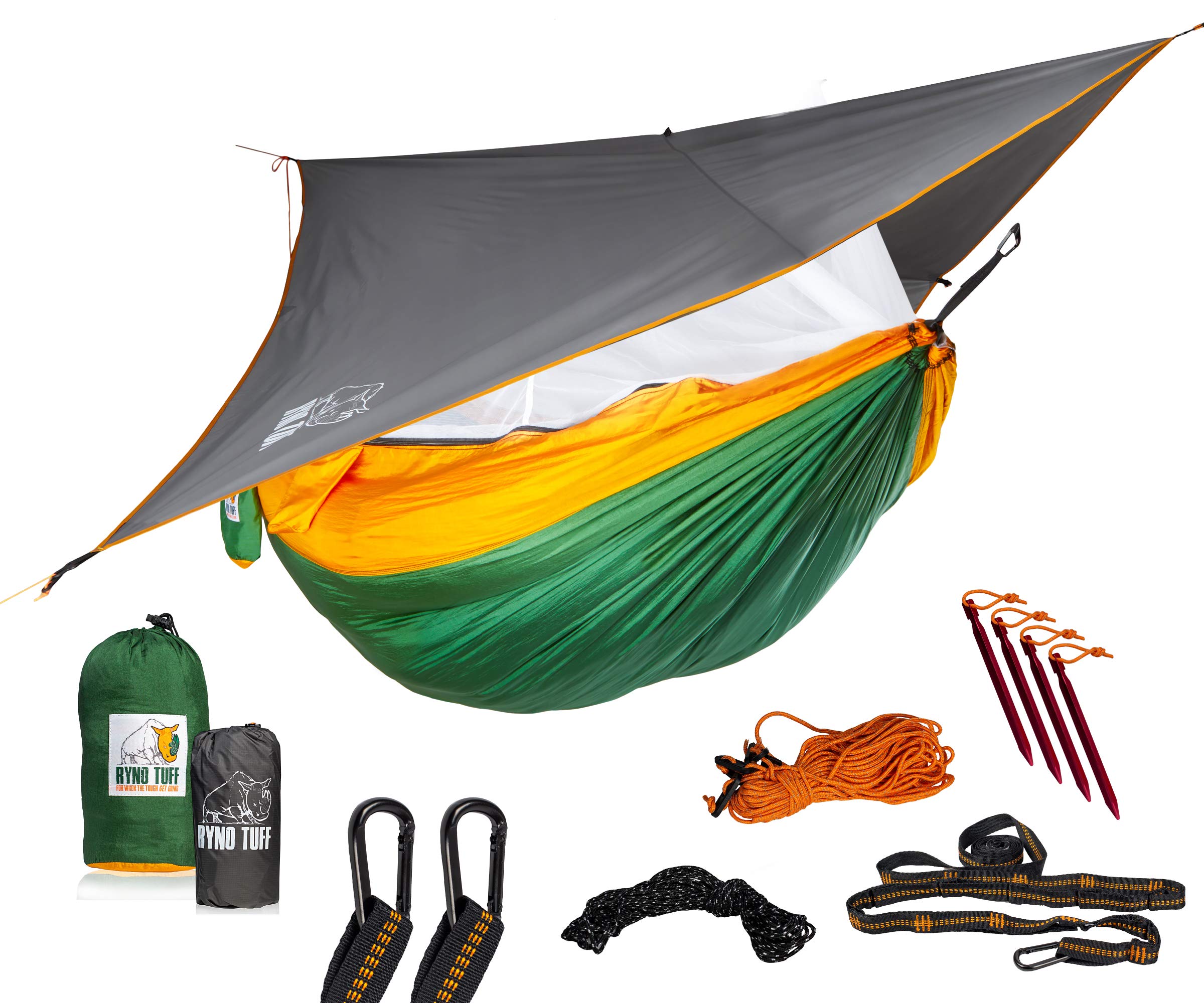 Ryno Tuff XL 2 Person Camping Hammock with Mosquito Net & Rain Fly - Compact Double Hammock with Bug Net, Tarp, Pocket, Tree Straps & Heavy Duty Carabiners - Parachute Grade Nylon Holds Over 600lbs