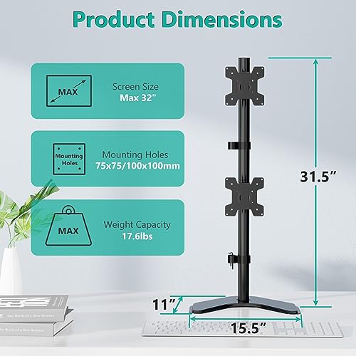 WALI Stacked Monitor Mount，Vertical Dual Monitor Stand 2 Screens up to 27 Inch Dual Vertical Monitor Mount LCD LED Flat Screen TV,Free-Standing Dual Monitor Mount for Desk (MF002XLS), Black