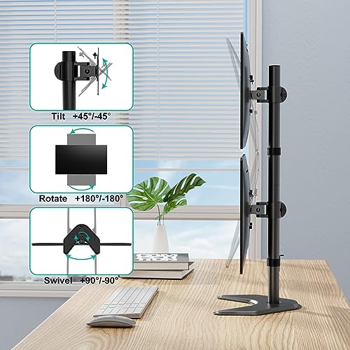 WALI Stacked Monitor Mount，Vertical Dual Monitor Stand 2 Screens up to 27 Inch Dual Vertical Monitor Mount LCD LED Flat Screen TV,Free-Standing Dual Monitor Mount for Desk (MF002XLS), Black