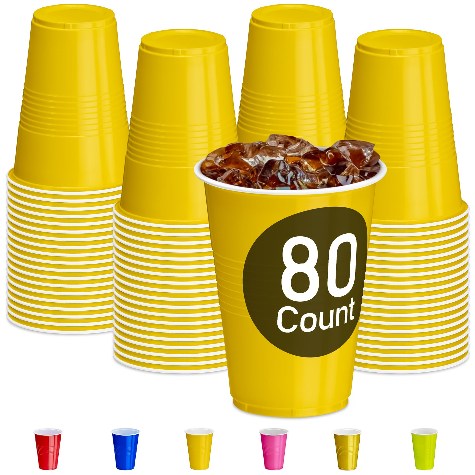 DecorRack 80 Party Cups, 16 oz -BPA Free- Plastic Soda Cups, Perfect for Birthday, Picnic, Indoor and Outdoor Event, Stackable, Reusable, Disposable Cup, Yellow (Pack of 80)