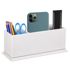 Desk Pencil Holder,Pen Cup Holder for Desk,Desktop Organizer White Pen Holder, PU Leather Desk Organizer Office Supplies with 4 Compartments Storage for Business Card/Pen/Pencil