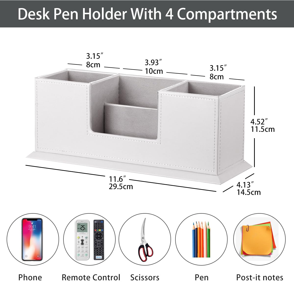 Desk Pencil Holder,Pen Cup Holder for Desk,Desktop Organizer White Pen Holder, PU Leather Desk Organizer Office Supplies with 4 Compartments Storage for Business Card/Pen/Pencil