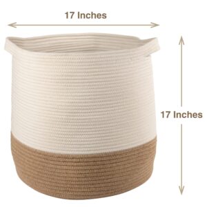 GooBloo Woven Blanket Basket - 17" x 17” - Large Tall Decorative Laundry Hamper with Handles - Cotton Rope Storage for Baby Nursery or Living Room