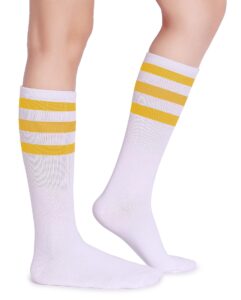 pareberry classic triple stripes soft cotton on the calf retro white tube socks (a-pair(yellow/white))