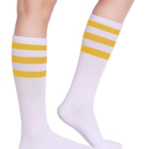 Pareberry Classic Triple Stripes Soft Cotton On the Calf Retro White Tube Socks (A-pair(Yellow/White))