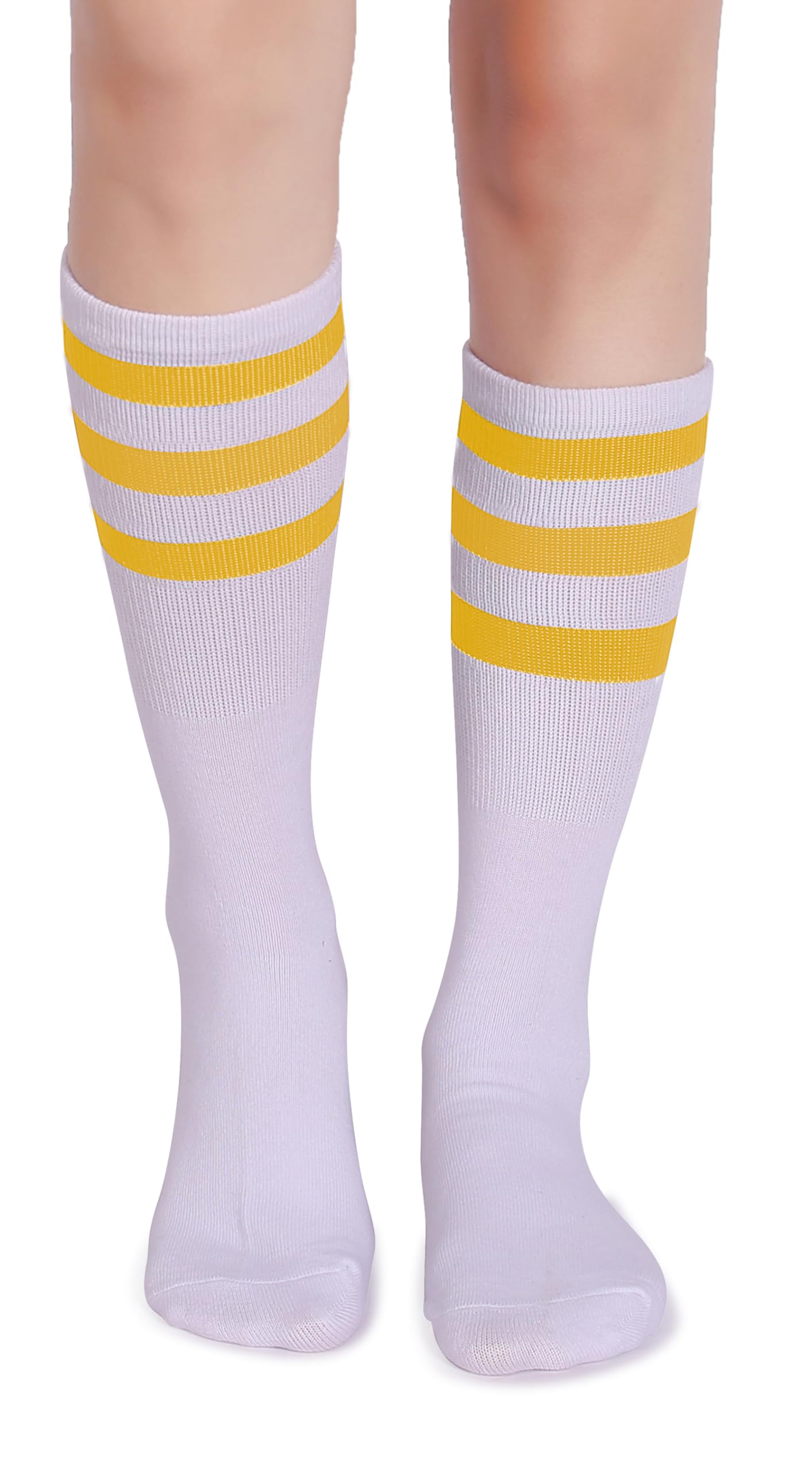 Pareberry Classic Triple Stripes Soft Cotton On the Calf Retro White Tube Socks (A-pair(Yellow/White))