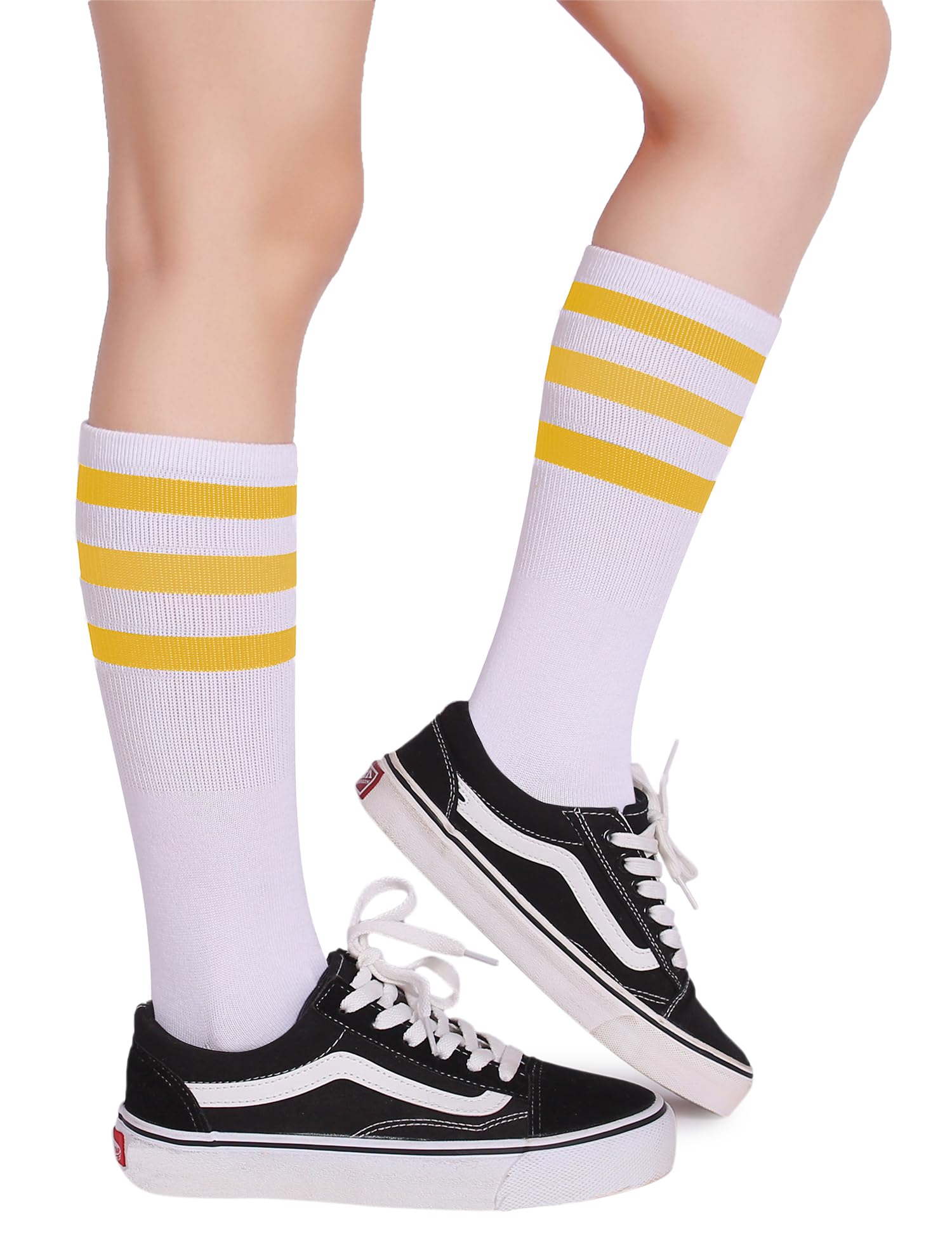 Pareberry Classic Triple Stripes Soft Cotton On the Calf Retro White Tube Socks (A-pair(Yellow/White))