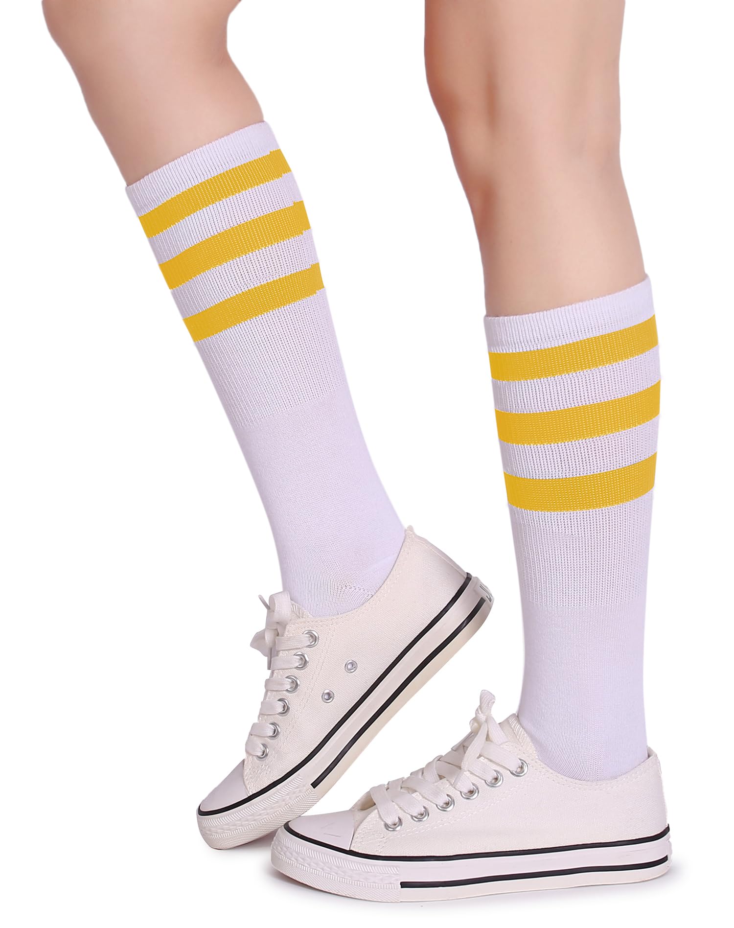 Pareberry Classic Triple Stripes Soft Cotton On the Calf Retro White Tube Socks (A-pair(Yellow/White))