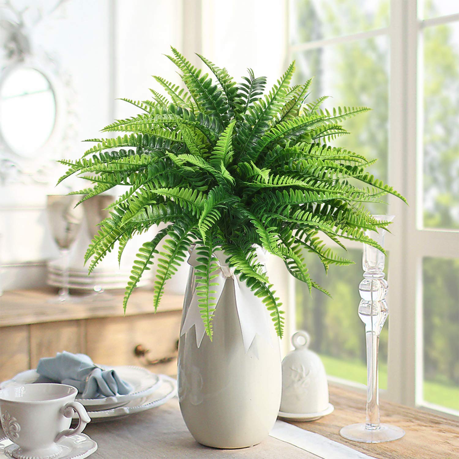 Dolicer 6 Pcs Artificial Boston Fern Plants, Boston Fern Bush Plant Shrubs Artificial Boston Fern Bush Plant Arrangement Greenery Bushes Artificial Shrubs for Wedding Garden Office Verandah Home Decor