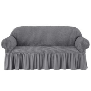 subrtex 1 piece seersucker sofa slipcover with skirt universal stretch sofa couch slipcover easy fitted chair furniture protector(2 seater,grey)