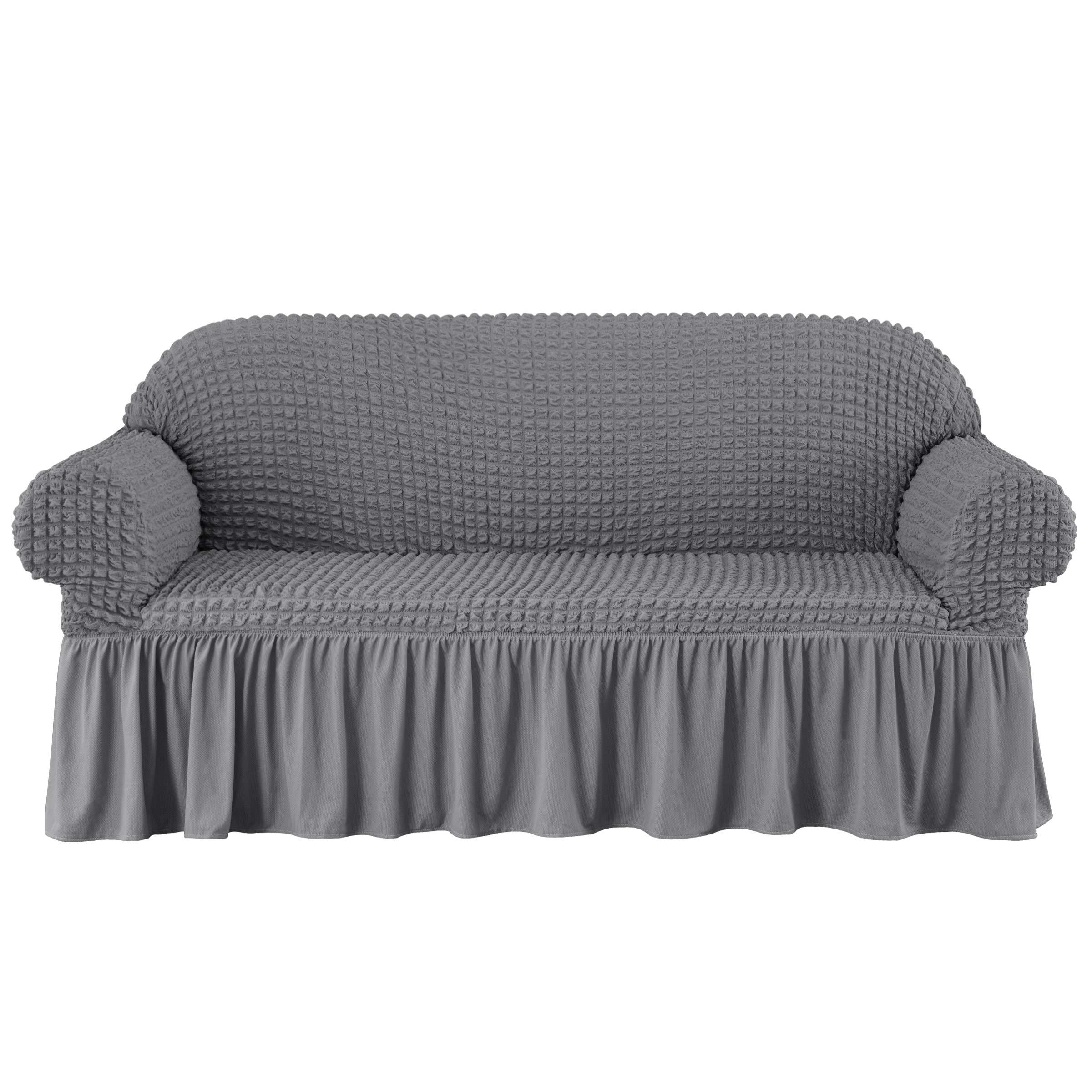 SUBRTEX 1 Piece Seersucker Sofa Slipcover with Skirt Universal Stretch Sofa Couch Slipcover Easy Fitted Chair Furniture Protector(2 Seater,Grey)