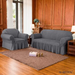 SUBRTEX 1 Piece Seersucker Sofa Slipcover with Skirt Universal Stretch Sofa Couch Slipcover Easy Fitted Chair Furniture Protector(2 Seater,Grey)