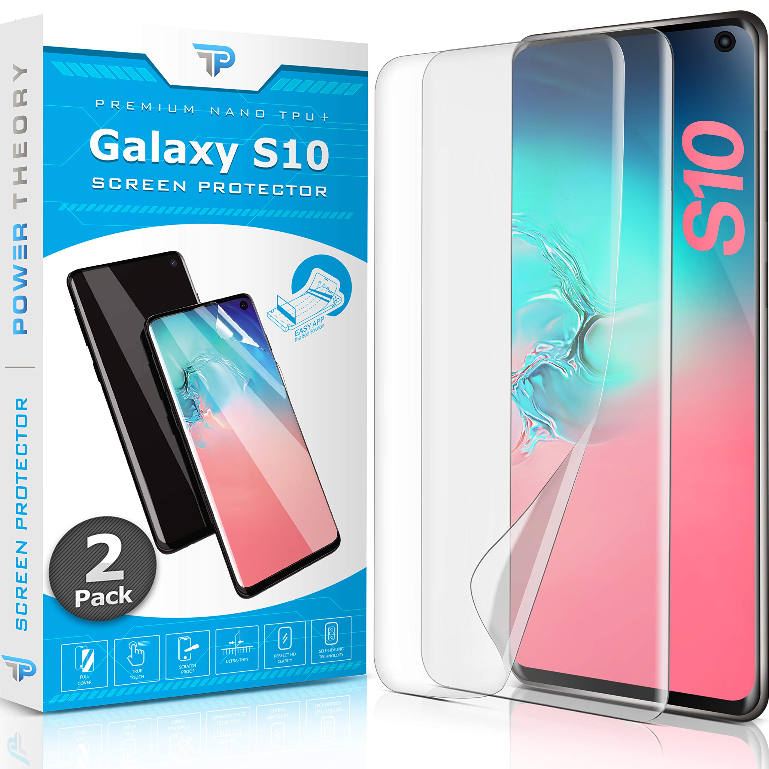 Power Theory Designed for Samsung Galaxy S10 Screen Protector [Not Glass], Easy Install Kit, Case Friendly, Full Cover, Flexible Film Anti Scratch, 2 Pack