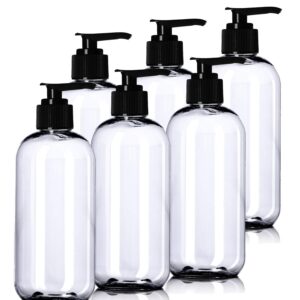 Aromine 8oz Plastic Clear Bottles (6 Pack) BPA-Free Squeeze Containers with Pump Cap, Labels Included