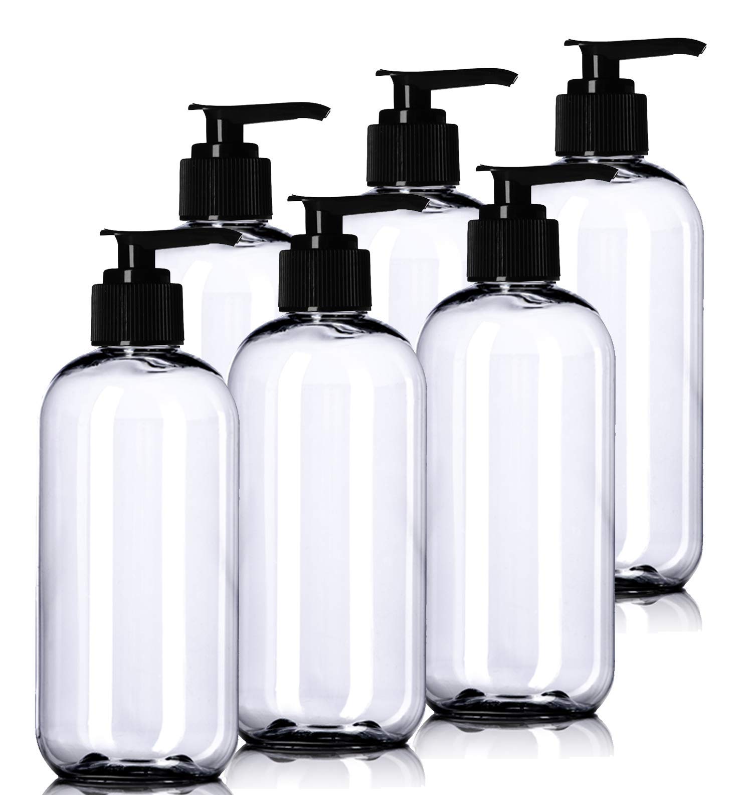 Aromine 8oz Plastic Clear Bottles (6 Pack) BPA-Free Squeeze Containers with Pump Cap, Labels Included