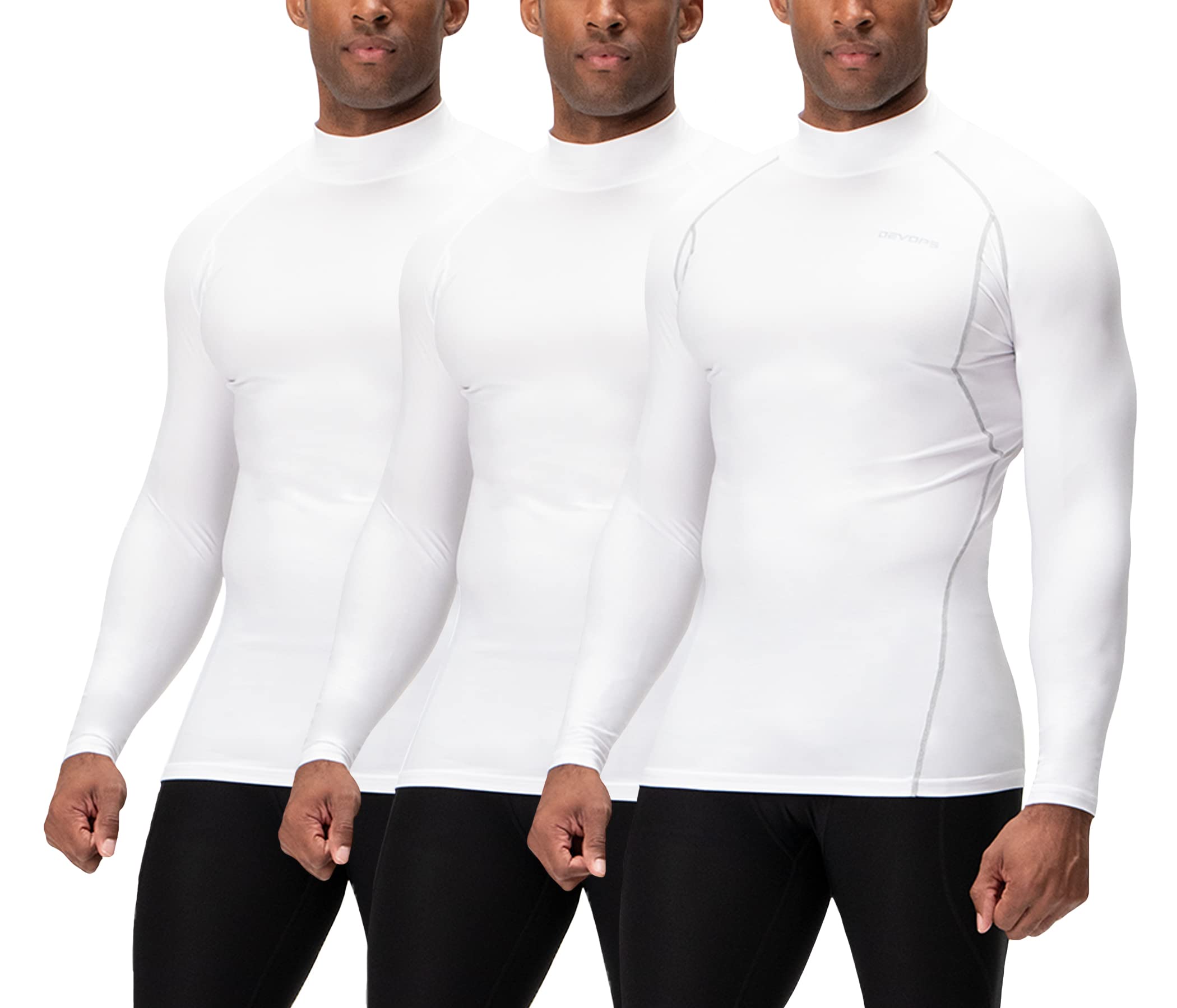 DEVOPS 3 Pack Men's Athletic Turtle Neck Long Sleeve Compression Shirts (Medium, White/White/White)