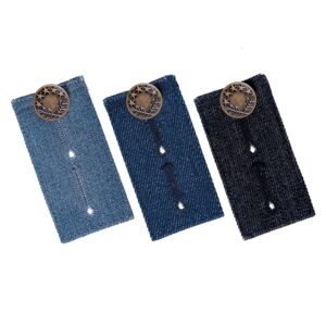 waistband extenders by johnson & smith | button extender for pants | denim material | pack of 3 shades | premium metal buttons | 2 button holes | button extender for jeans