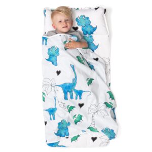 jumpoff jo - toddler nap mat - sleeping bag for kids with removable pillow and ultra soft blanket for preschool, daycare, and sleepovers - blue dino