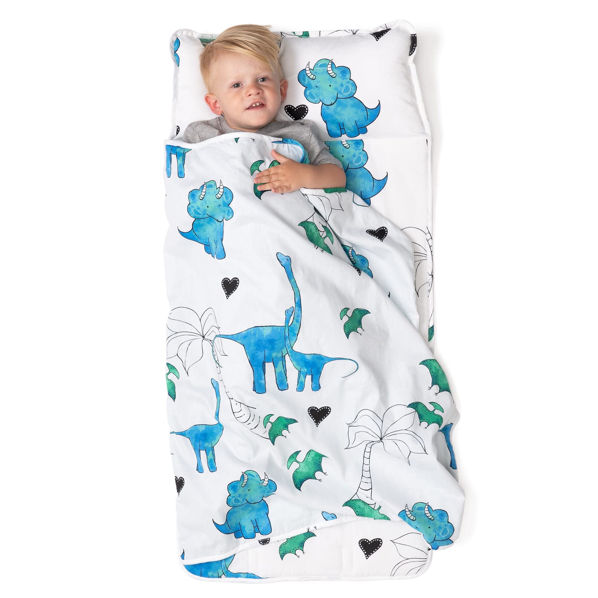 JumpOff Jo - Toddler Nap Mat - Sleeping Bag for Kids with Removable Pillow and Ultra Soft Blanket for Preschool, Daycare, and Sleepovers - Blue Dino