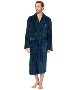 polo ralph lauren microfiber plush long sleeve shawl collar robe blackwatch plaid/basic gold pony print lg-xl