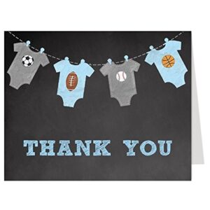 sports thank you cards baby shower soccer football baseball soccer mvp little champ all star boys birthday party appreciation gratitude thanks folding notes blue it's a boy chalkboard (24 count)