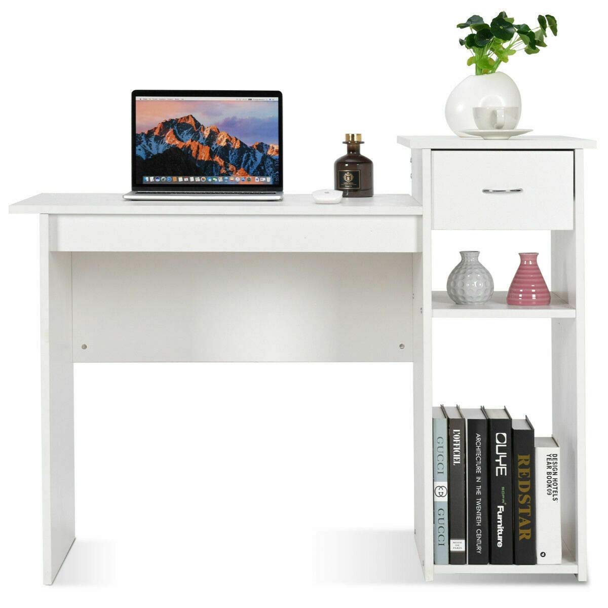 White Computer Desk PC Laptop Table with Drawer and Shelf Home Office Furniture