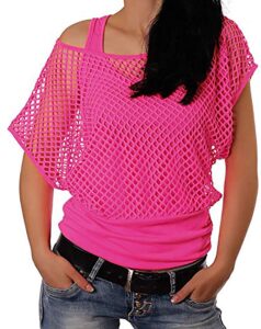 smile fish women casual sexy 80s costumes fishnet neon off shoulder t-shirt (hot pink us 6-8/tag size m)