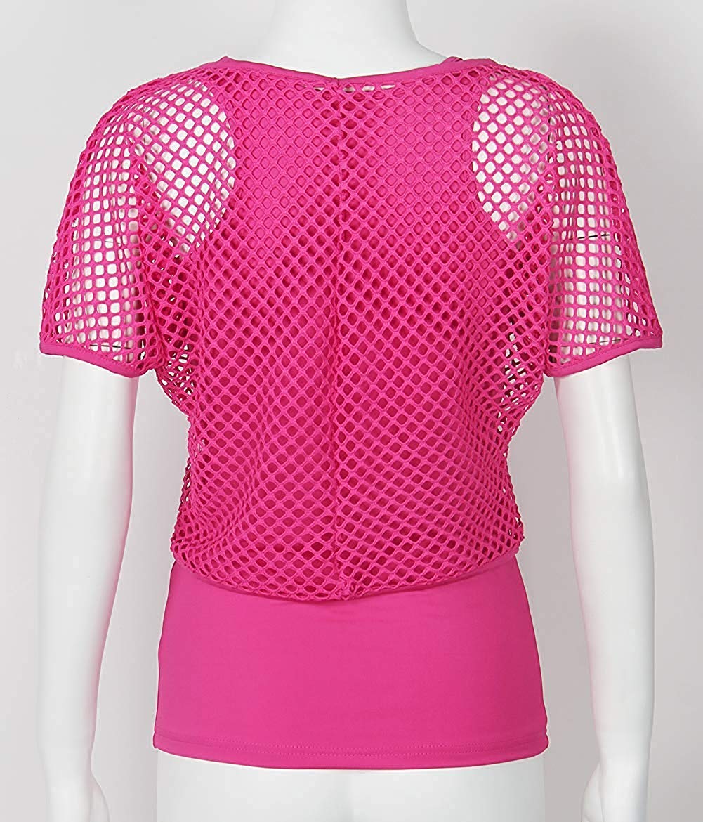 Smile Fish Women Casual Sexy 80s Costumes Fishnet Neon Off Shoulder T-Shirt (Hot Pink US 6-8/Tag Size M)