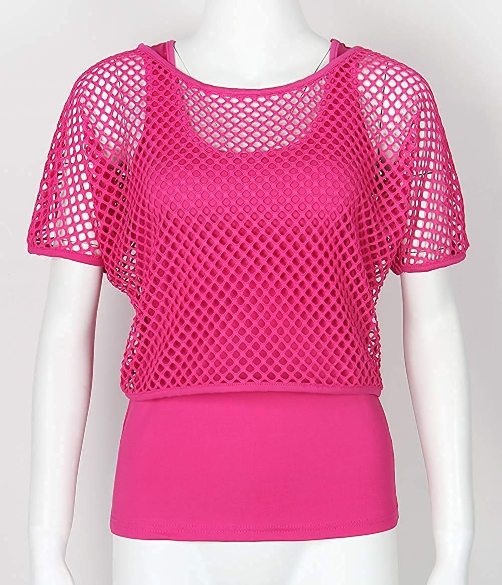 Smile Fish Women Casual Sexy 80s Costumes Fishnet Neon Off Shoulder T-Shirt (Hot Pink US 6-8/Tag Size M)